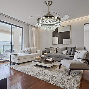 YIYIBYUS Modern Retractable Crystal Ceiling Fan with Light and Remote Control Ceiling Fan Dimmable 3 Speed Timing Smart Ceiling Fan Chrome Silver for Living Room,Bedroom (Silver, 42 inch)