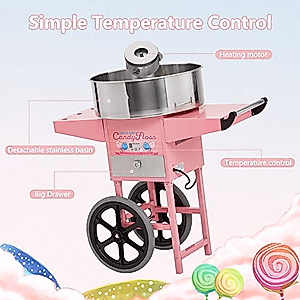 Commercial Cotton Candy Machine with Cart, Electric Floss Maker for Home, Birthday, School Function, or Social Events-Pink