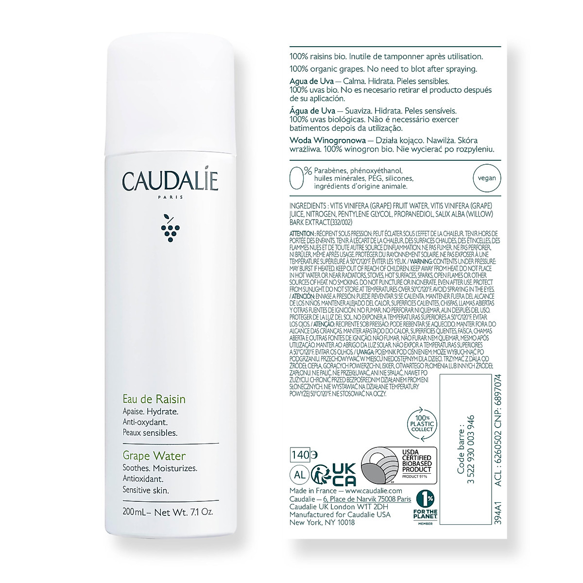 Caudalie Grape Water Moisturizing Face Mist - Soothing Organic Facial Spray to Instantly Hydrate and Strengthen the Skin Barrier, Safe for Sensitive Skin