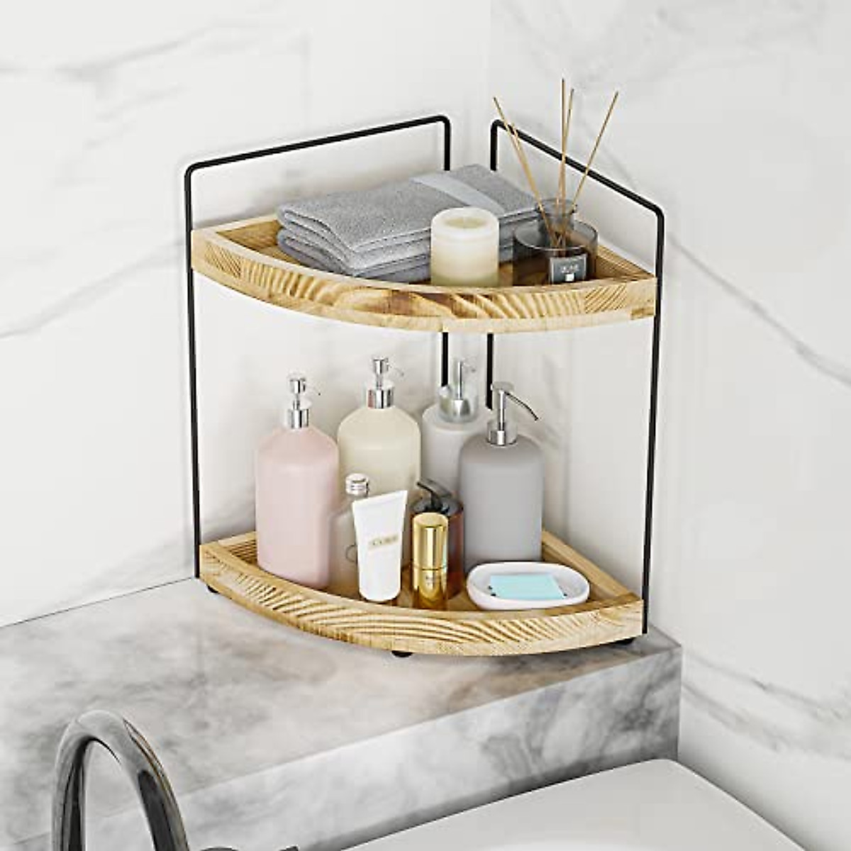 Sekepingo 2-Tier Coner Bathroom Countertop Organizer Cosmetic Vanity Dresser Tray Kitchen Snack Storage Shelf Wood Coffee Station Organization