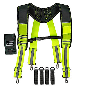 MELOTOUGH Reflective Safety Suspenders Tool Belt Suspenders Construction Work Suspenders with detachable phone holder comfortable foam shoulder padder (Lime)