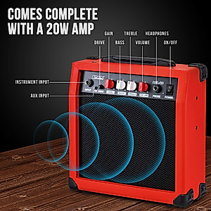 LyxPro 39 inch Electric Guitar Kit Bundle with 20w Amplifier, All Accessories, Digital Clip On Tuner, Six Strings, Two Picks, Tremolo Bar, Shoulder Strap, Case Bag Starter kit Full Size - Red