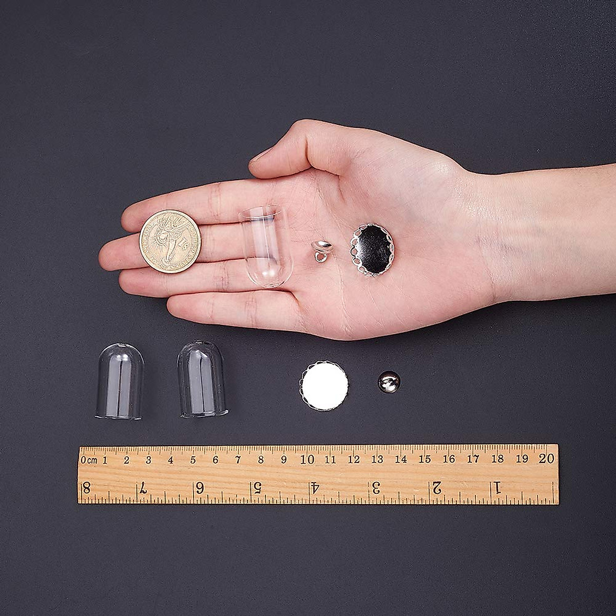 PH PandaHall 20 Sets 0.7 x 1.2 Inch Tube Clear Glass Globe Bottle Hanging Pendant Wish Bottles with Silver Alloy Cap and Bottoms for Earring Necklace Pendant Jewelry Making