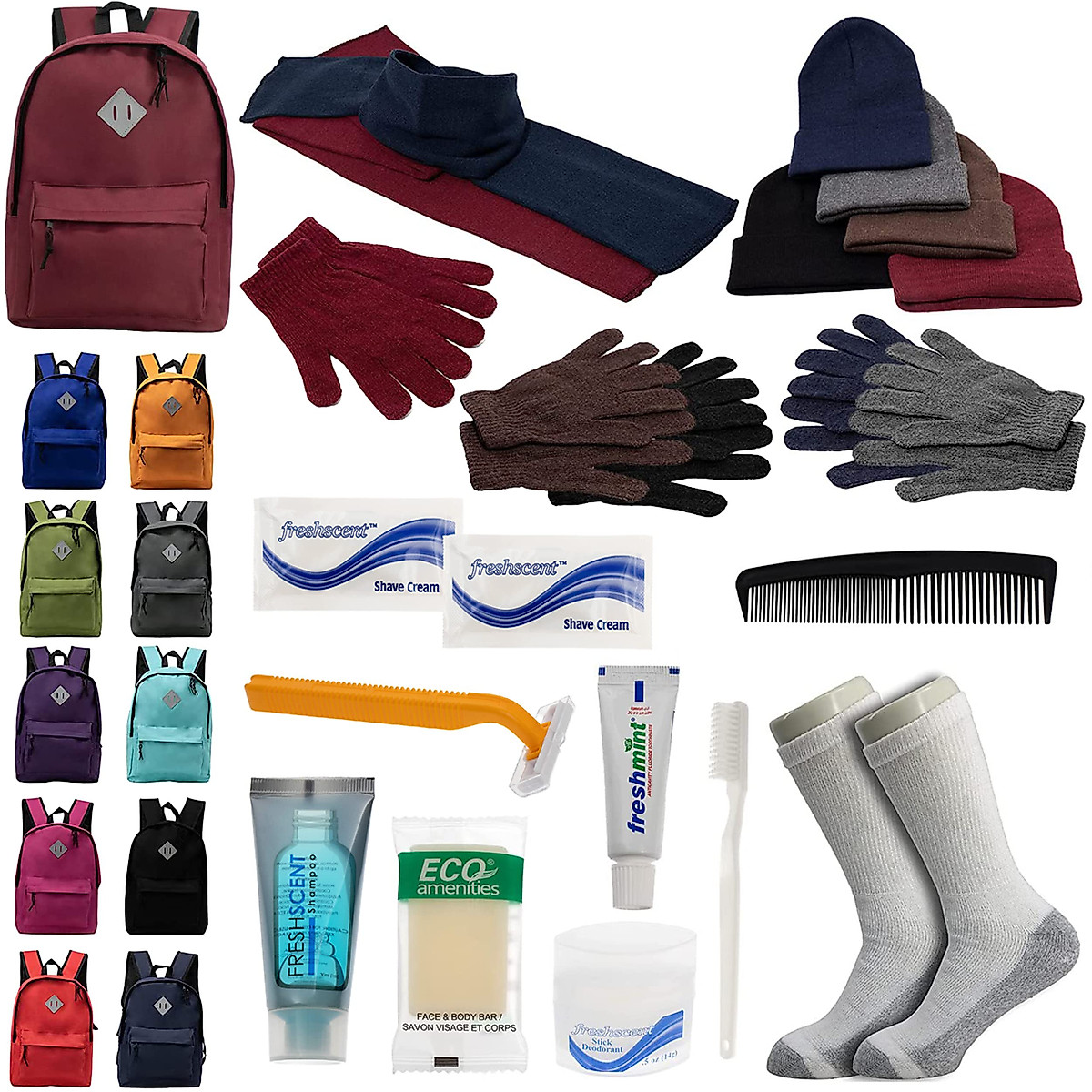 Bulk Case of 12 Backpacks and 12 Winter Item Sets and 12 Toiletry Kits and 12 Socks - Wholesale Care Package - Emergencies, Homeless, Charity