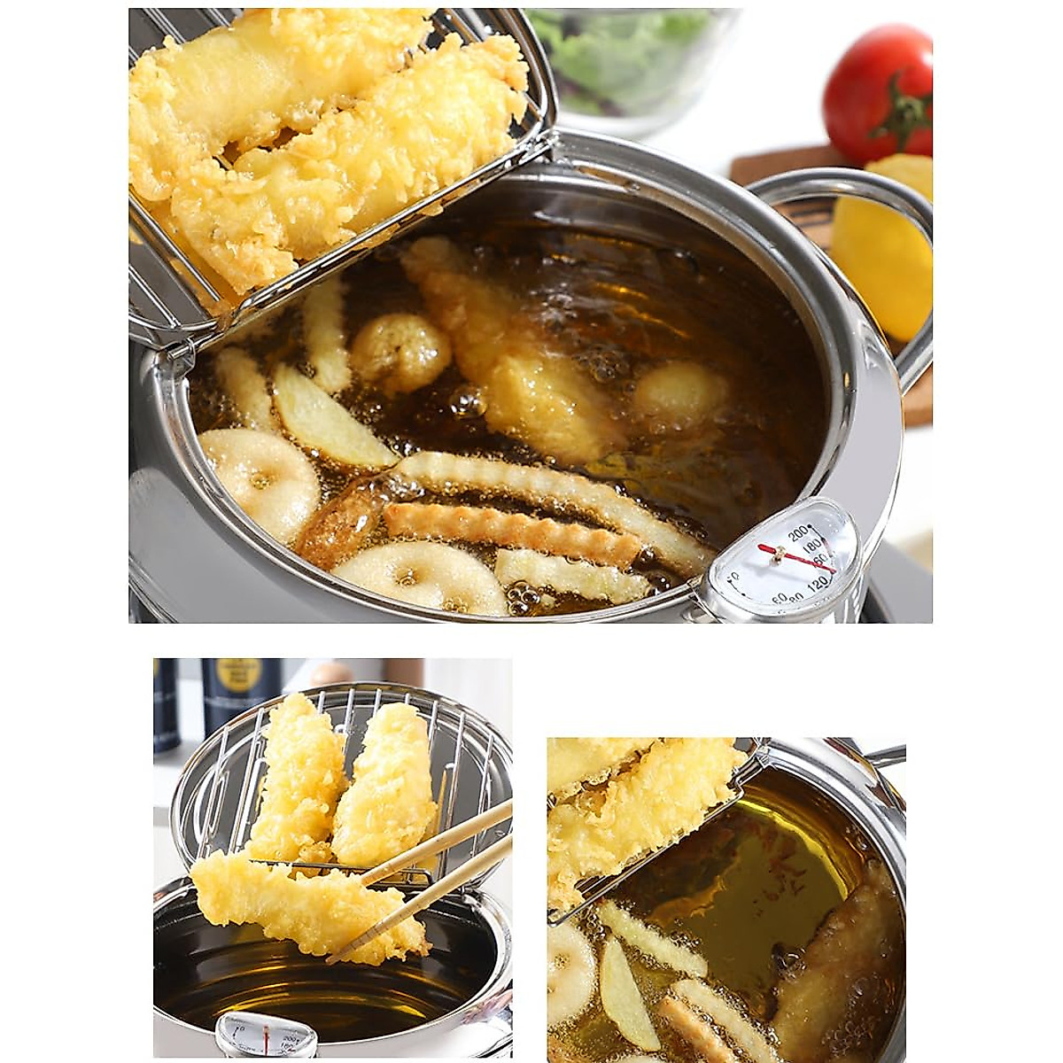 Deep Fryer Pot, Japanese Style Tempura Deep Fryer Frying Pot With Thermometer, Lid, Oil Drip Drainer Rack for French Fries Fish Shrimp Chicken 7.9 Inch/2.2 L 304 Stainless Steel Gifts