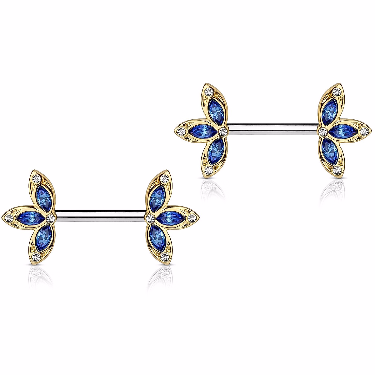 Forbidden Body Jewelry 14G Surgical Steel Gold IP Plated 15mm Blue CZ Marquise Flower Petal Nipple Piercing Barbell Set