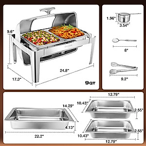 Warmounts 9QT Roll Top Chafing Dish Buffet Set, Rectangular Chafing Dishes for Buffet with Visible Lid, Serving Utensils, Stainless Steel Chafers for Catering for Parties, Events (2 Half-Size)