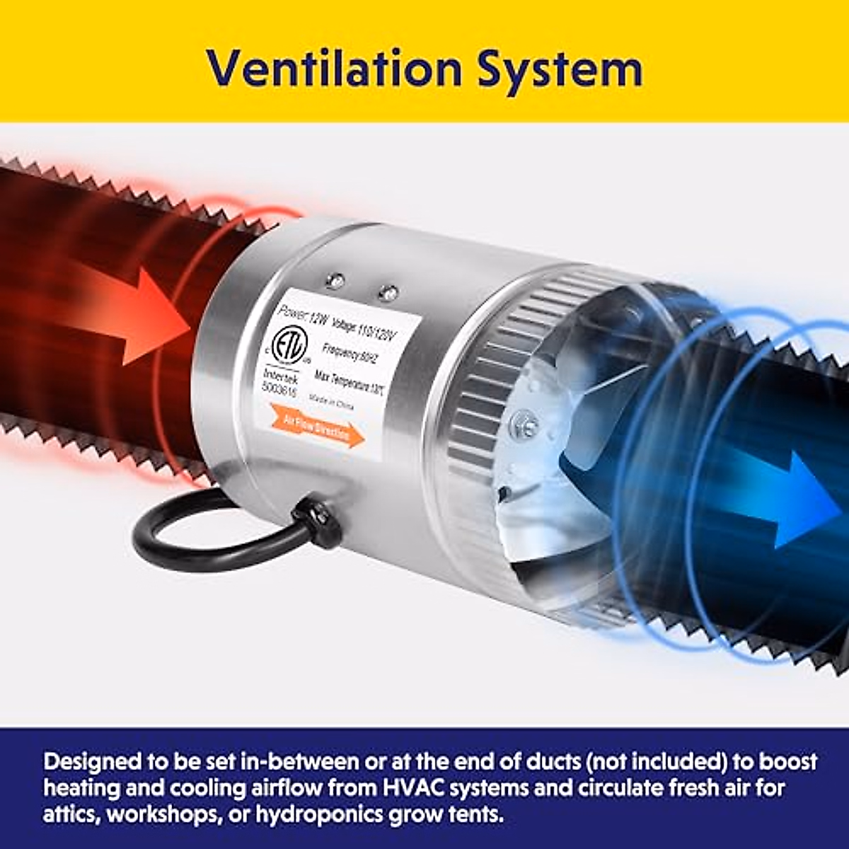 iPower 4 Inch 100 CFM Booster Fan Inline Duct Vent Blower with Variable Speed Controller Adjuster, Intake 5.5' Grounded Power Cord for HVAC Exhaust, Low Noise, Silver