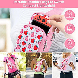 THRCIFLO Cute Pink Strawberry Travel Carrying Bag for Nintendo Switch/OLED/Lite Shoulder Bag Storage Backpack for Switch Accessories, Portable Crossbody Sling Case for Girls
