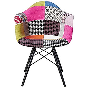 2xhome Mid Century Modern Arm Chair with Black Wood Legs, Patchwork A Fabric