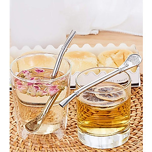 Yerba Mate Bombilla Gourd Drinking Filter Straws 304 Food-Grade Stainless Steel 6.1 inch Long Spoon Bombillas Straws for Mate Tea Set of 3 with Cleaning Brush (silver)