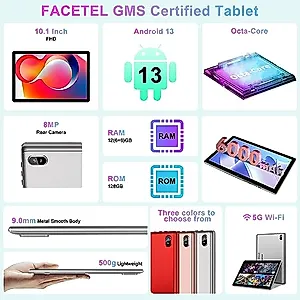 FACETEL Tablet 10 inch Android 13 Tablet Octa-Core 2.0 GHz with 12GB RAM 128GB ROM, 5G WiFi, 6000mAh, HD IPS Touchscreen, Bluetooth 5.0, 1280 * 800, 5+8 MP Newest Tablet with Keyboard Mouse - Silver