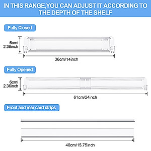 50 Pcs Adjustable Gondola Shelf Dividers Drawer Dividers with Front Fence Acrylic Retracting Item Organizer for Shelves Extendable Retail Shelf Divider with Fixed Clips for Store Library, 14" to 24" D