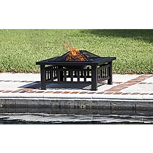Fire Sense 62249 Fire Pit Stonemont Wood Burning Lightweight Portable Outdoor Firepit Backyard Fireplace for Camping Bonfire Included Screen Lift Tool - Square - Black