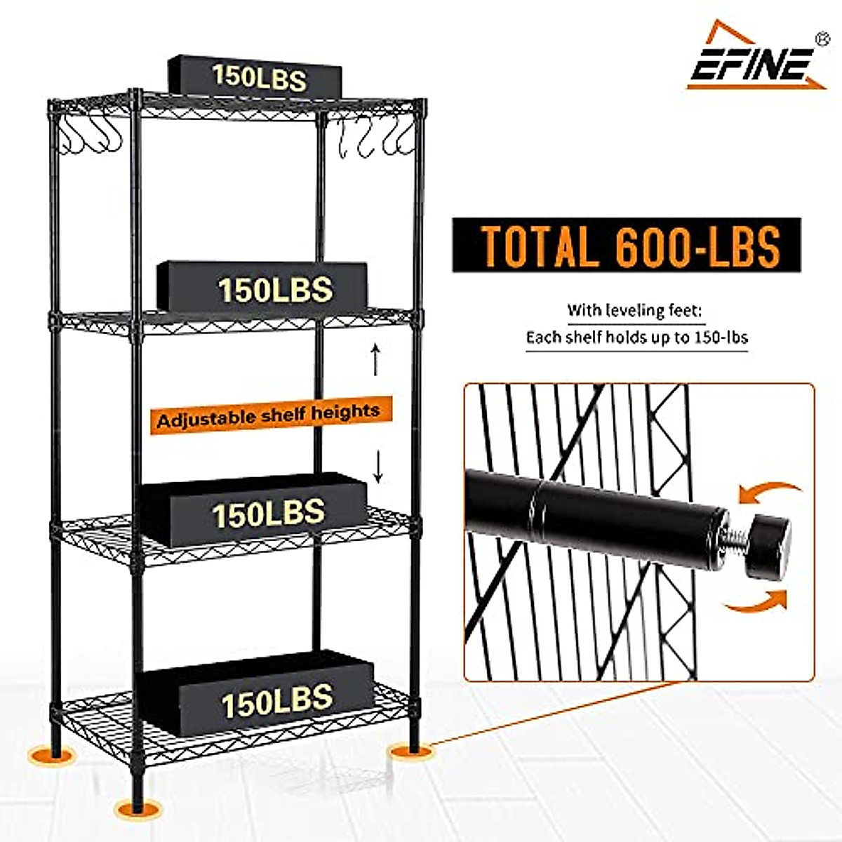 EFINE 4-Shelf Shelving Unit with 8 Hooks, Adjustable, Carbon Steel Wire Shelves, 150lbs Loading Capacity Per Shelf, Units and Storage for Kitchen Garage (23.6W x 14D 47H) Black, S100-4B, 1-Pack