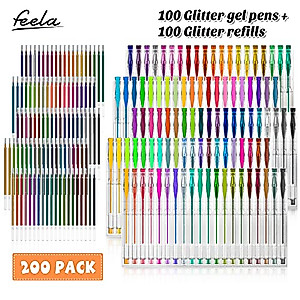 feela 200 Pack Glitter Gel Pens Set 100 Gel Pen plus 100 Refills for Adult Coloring Books Drawing Art Markers