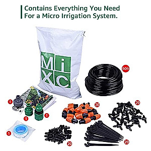 MIXC 1/4-inch Mist Irrigation Kits Accessories Plant Watering System with 50ft 1/4” Blank Distribution Tubing Hose, 20pcs Misters, 39pcs Barbed Fittings, Support Stakes, Quick Adapter, Model: GG0B
