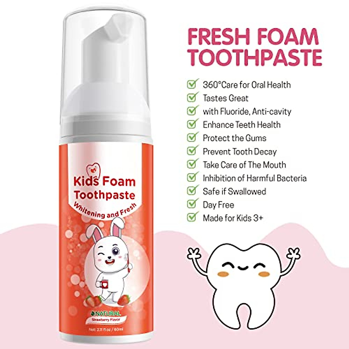 Kids Foam Toothpaste with Low Fluoride - Anti-Cavity, Whitening and Fresh, Gentle Teeth Whitening Foam Toothpaste Kids for U-Shape Toothbrush, Ages 3 Plus - 60ml (Strawberry)