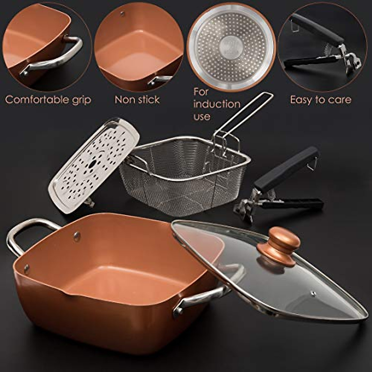 Moss & Stone Copper 6 Piece Set Chef Cookware, Non Stick Pan, Deep Square Pan, Fry Basket, Steamer Tray, Dishwasher & Oven Safe, 5 Quart Copper Pot Set, Copper Induction Cookware Set