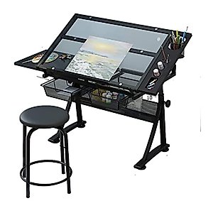 ROLTIN Drafting Tables Drawing Desk with Stool Height Adjustable Multifunctional Art Craft Artist Desk Tilt Glass Top Board Drawing Desk for Work Study Painting Craft Des