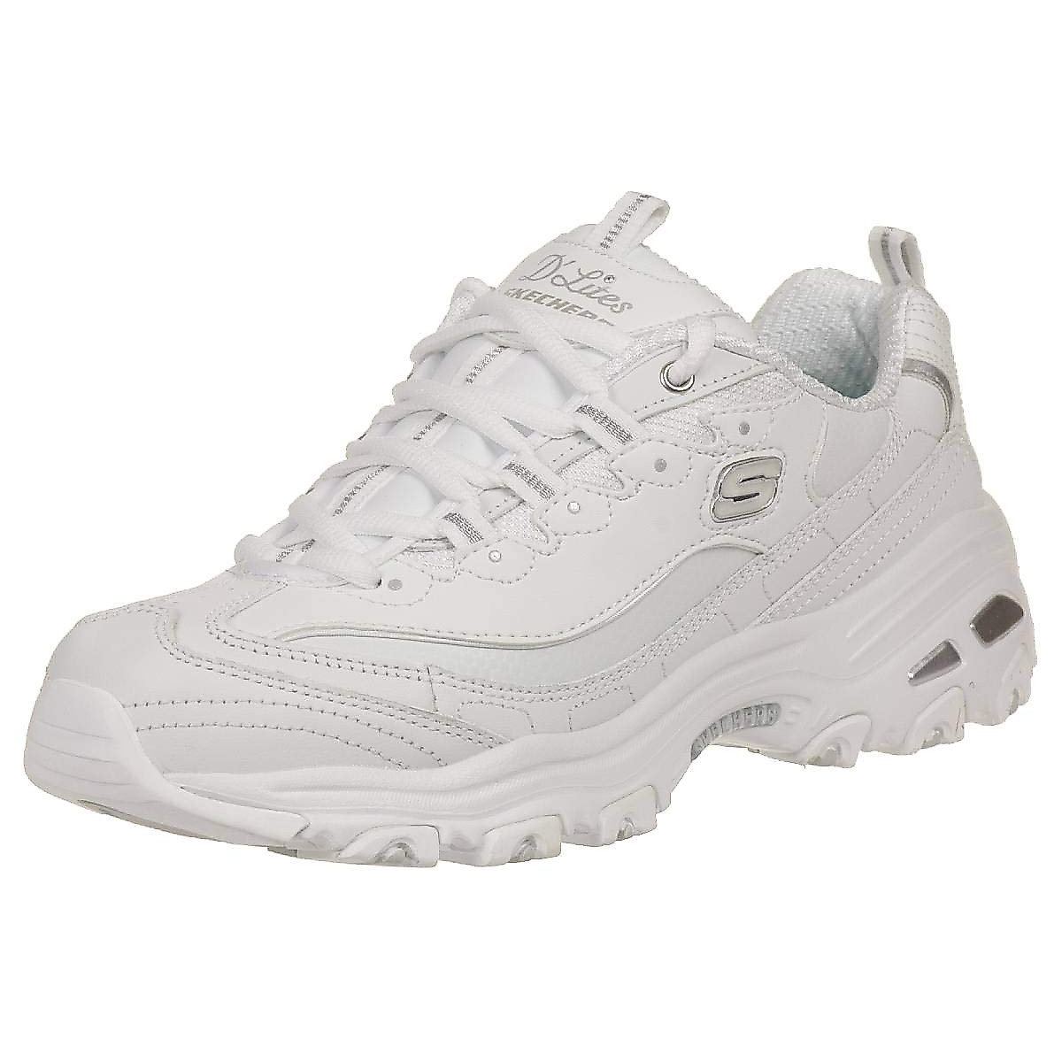 Skechers Women's D'Lites Memory Foam Lace-up Sneaker,White Silver,7.5 M US