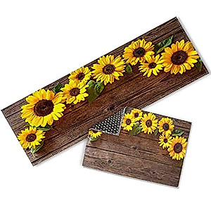SDIZDIPK Kitchen Rugs Washable,A Bunch of Sunflowers Wood,Non Skid Anti-Fatigue Floor Mats for Sink,2 Pcs Set (52''X17''+ 26''X17''), 52x17