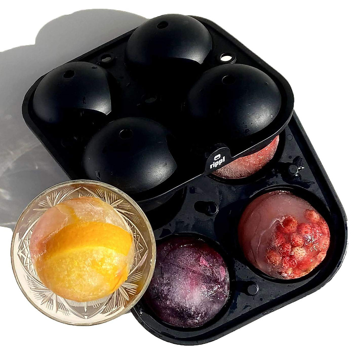 Rippl Ice Sphere Tray - Silicone Ice Tray with 4 Cavity Sphere Ice Cube Mold - Will Make Big Ice Spheres For Whiskey - In Black