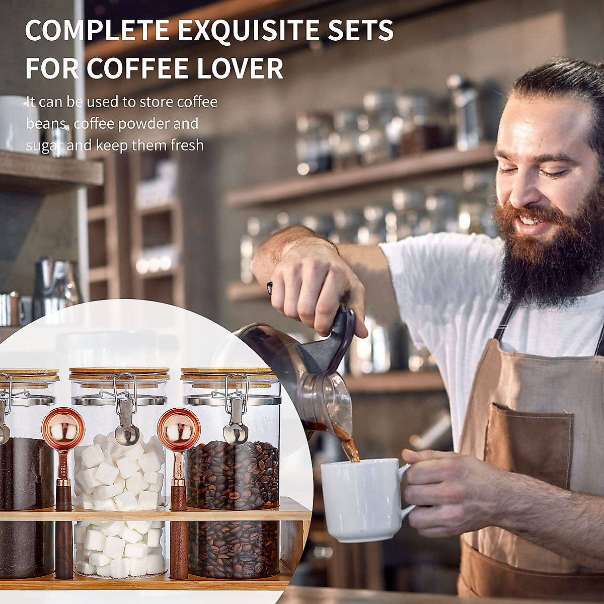 GURUDAR Glass Coffee Storage Container with Bamboo Shelf, 3PCS 49oz Airtight Sealed Coffee Bean Jar with Clamp Lid & Measuring Spoon, Kitchen Pantry Canister Set for Ground Coffee Sugar Tea Flour