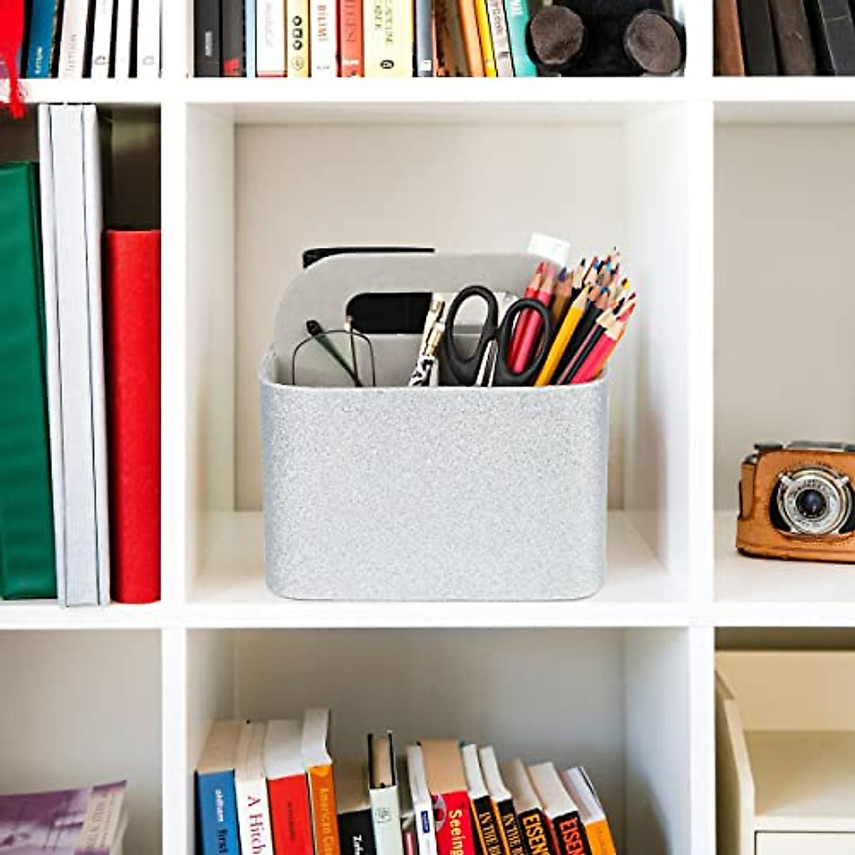 HofferRuffer Faux Leather Basket Tote Bin Caddy, Remote Control Holder, Portable Skincare Makeup Storage Organizer Caddy Tote with Handle, 7.3 x 5.5 x 6.7 inches (Silver)