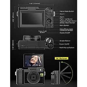 4K Digital Camera, Autofocus 48MP Vlogging Camera for YouTube with Flip Screen Cameras for Photography with Batteries, Fill Light, Mini Tripod Accessories