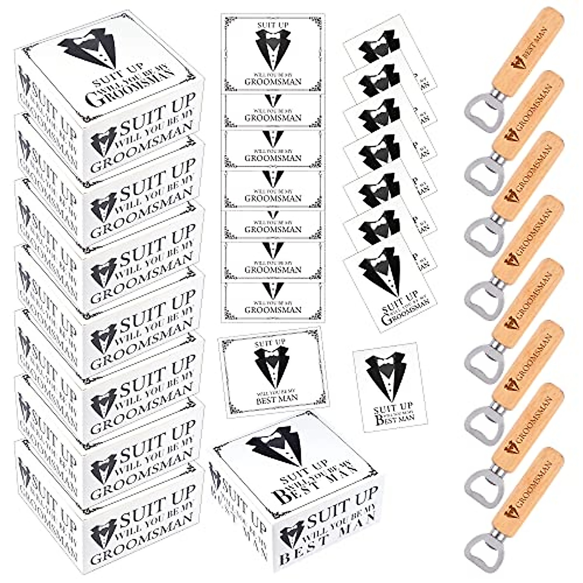 32 Pieces Groomsmen Proposal Box Set of 8 Groomsmen Box 8x8x4 inch With 8 Will You Be My Groomsman Labels and 8 Cards 8 Bartender Wooden Bottle Opener Beer Wine Cap Opener（7 Groomsmen, 1 Best Men ）