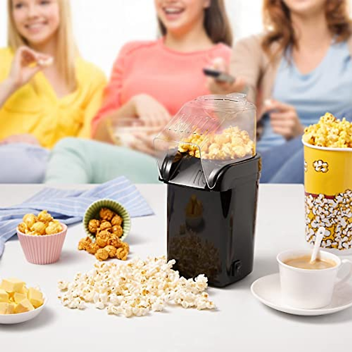 Hot Air Popcorn Popcorn Maker, Electric Popcorn Maker with Measuring Spoon Free Small Popcorn Maker No Oil Fast Air Popped Popcorn Maker for Watching Party Movies & Football Match (Black)