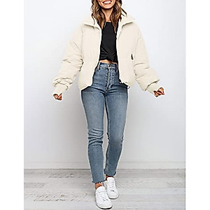 ZESICA Women's Winter Warm Long Sleeve Zip Up Drawsting Baggy Cropped Puffer Down Jacket Coat Outerwear,Cream,X-Small