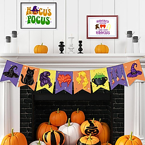 AnyDesign Hocus Pocus Banner Halloween Burlap Banner Pre-Assembled Witch Black Cat Banner Colorful Holiday Bunting Garland Hanging Decorations for Halloween Party Decoration Supplies