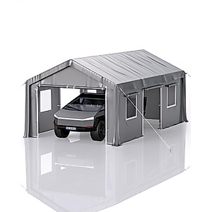 GarveeLife 13 x 20 ft Carport Heavy Duty, Portable Garage with 4 Roll-up Doors, 4 Mesh Windows, 180 g PE Tarps, and 8 x 1.0 mm Poles, for Full-Size Pickups, Bass Boats, and SUVs, Gray
