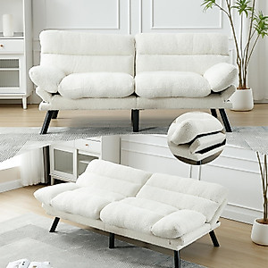70" Modern Teddy Convertible Folding Futon Couch Sofa Bed Adjustable Pillow Top Arm Memory Foam Couch Double Loveseat Sofa for Compact Living Space,Dorm,Game Studio,Apartment,Bedroom (White Teddy)