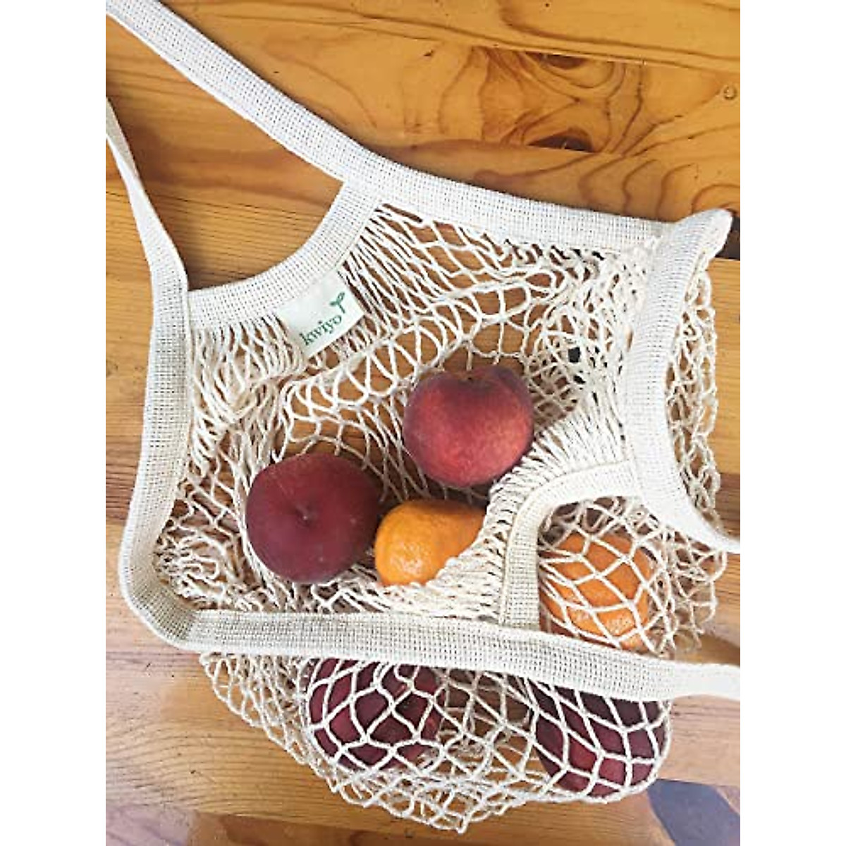 Reusable Grocery Net Bags, Cotton Mesh Tote, Farmer's Market Bags for Fruits and Vegetables, String Shopping Organizer, Storage Bag with Long Handles, 2 Packs (Beige, Gray)