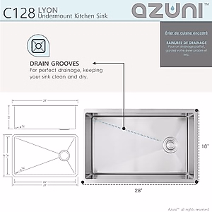 AZUNI 28 inch x 18 inch Single Bowl Undermount 16 Gauge Reversible Deep Stainless Steel Kitchen Sink with Bottom Grid and Luxury Basket Strainer, C128