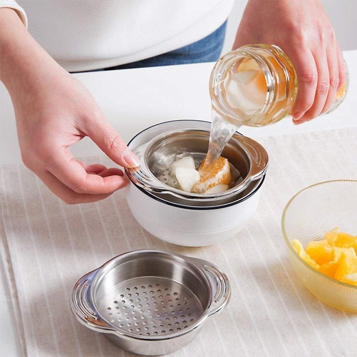 Stainless Steel Food Can Strainer Sieve Tuna Press Lid Oil Drainer Remover, Unique No-Mess Dishwasher Safe Design
