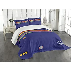 Lunarable Vintage Bedspread, Playful Arcade Design Colorful Square Shapes Super Mario Funny Modern Graphic, Decorative Quilted 3 Piece Coverlet Set with 2 Pillow Shams, Queen Size, Violet Blue