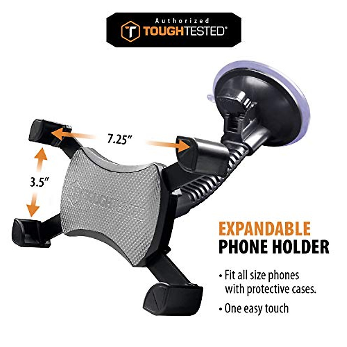 ToughTested Mammoth Windshield Mobile Mount, Features Double-Ribbed Gooseneck Arm, Expandable Claw Grip Holder with 360 Degree Rotation, Extra Large Suction Cup, Quick Release Button