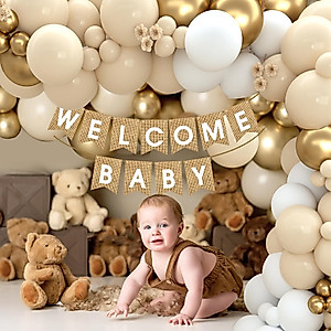 Boho Baby Shower Decorations-97Pcs Burlap Grain Baby Boxes,Nude and Gold Balloons Arch Kit and "WELCOME BABY" Banner for Neutral Baby Shower Decorations,Birthday Party Supplies,Gender Reveal