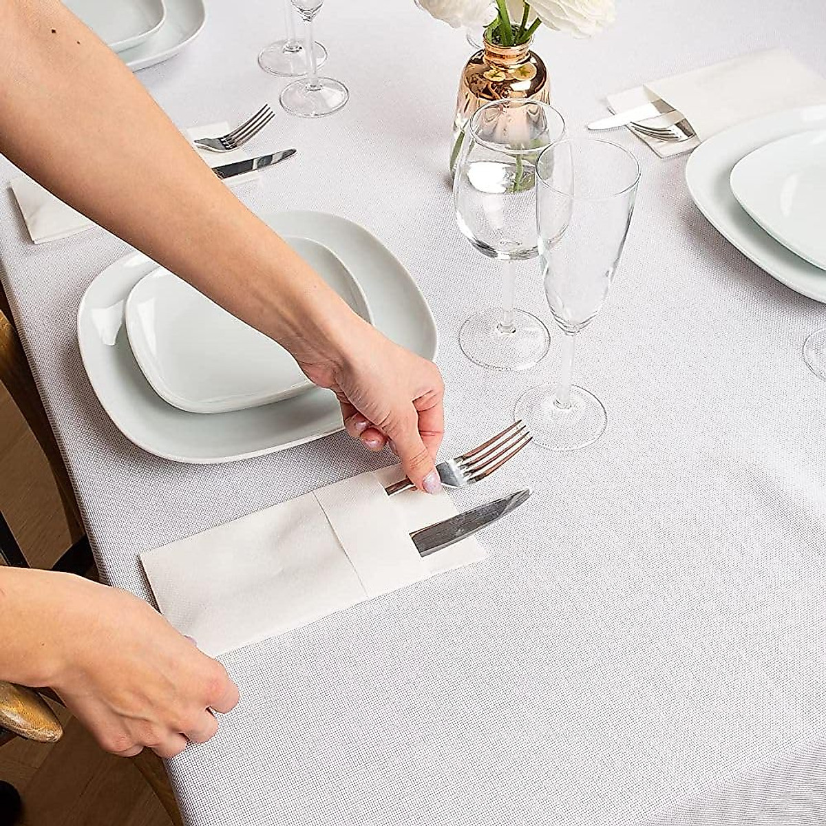 AMERICAN HOMESTEAD Dinner Napkins with Flatware Pocket - Pre-Folded Cloth-Like Disposable Table Napkins - Absorbent Paper Serviettes for Weddings, Parties, and Events - 16" x 15.5" - 50 Count (Silver)