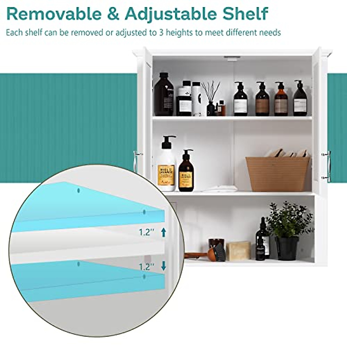 MEETWARM Bathroom Cabinet Wall Mounted with Double Doors, Wood Hanging Cabinet, Medicine Cabinet Storage Organizer with Height Adjustable Shelves Over The Toilet, White
