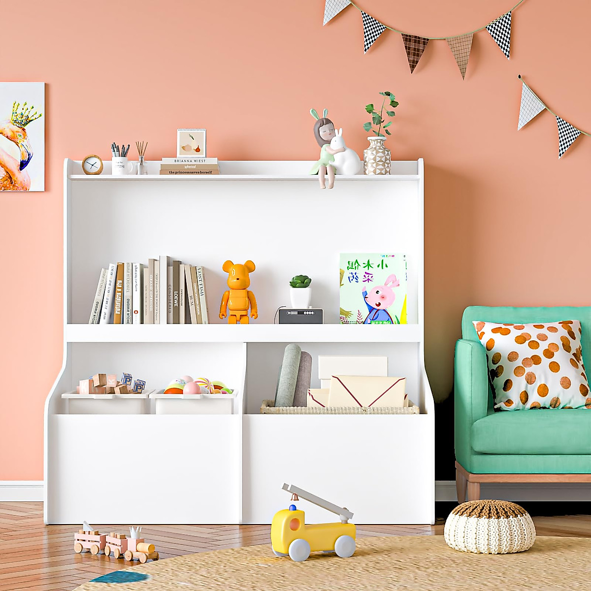 Azheruol Cubby Toy Storage Cabinet 3 Tier Wooden Children Bookcase,Toy and Book Storage Organizer Shelf for Playroom, Bedroom, Living Room, Nursery, School (White)