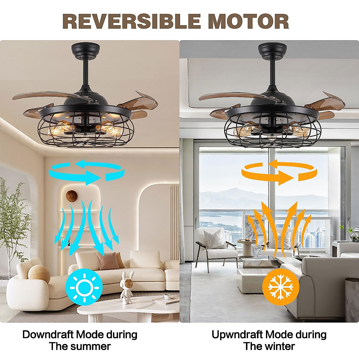 DuMaiWay 42" Industrial Retractable Ceiling Fans with Lights, Fandelier Caged Ceiling Fan with Remote Controller for Farmhouse/Living Room/Bedroom/Restaurant 5 Lights 4 Fan Blades Black