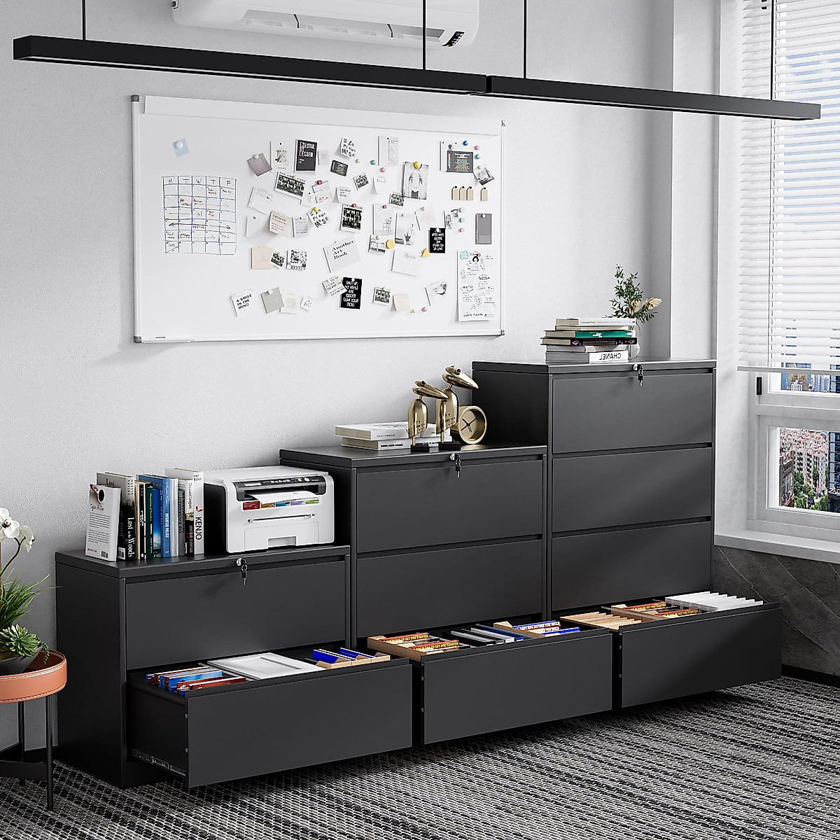 WIILAYOK Lateral File Cabinet with Lock,2 Drawer File Cabinet for Home and Office, Organizer Storage Lateral Locking Filing Cabinet, Black