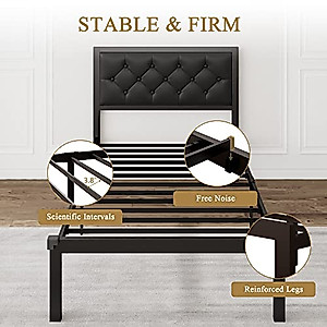 iPormis Twin Size Metal Bed Frame with Faux Leather Button Tufted Headboard, 12" Underbed Storage, Steel Slats Support, Noise Free, Easy Assembly, No Box Spring Needed, Black