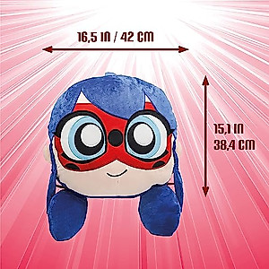 Miraculous Ladybug - Huggie Hideaway Ladybug, 16.5-inch Red and Blue Plush Pillow, Super Cute Soft Stuffed Toy for Kids with Large Zipper Secret Pocket in The Back (Wyncor)