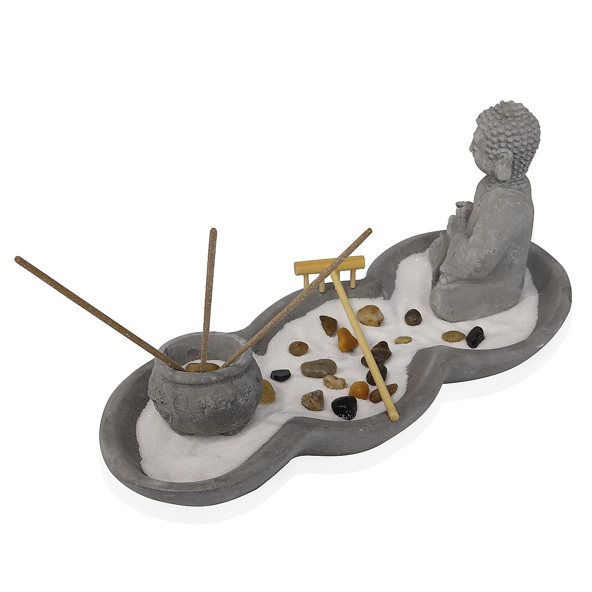 Japanese Mini Zen Garden Decor, Incense Holder with Buddha Statue for Relaxation and Meditation, Gift Set Perfect for Home and Office Decor